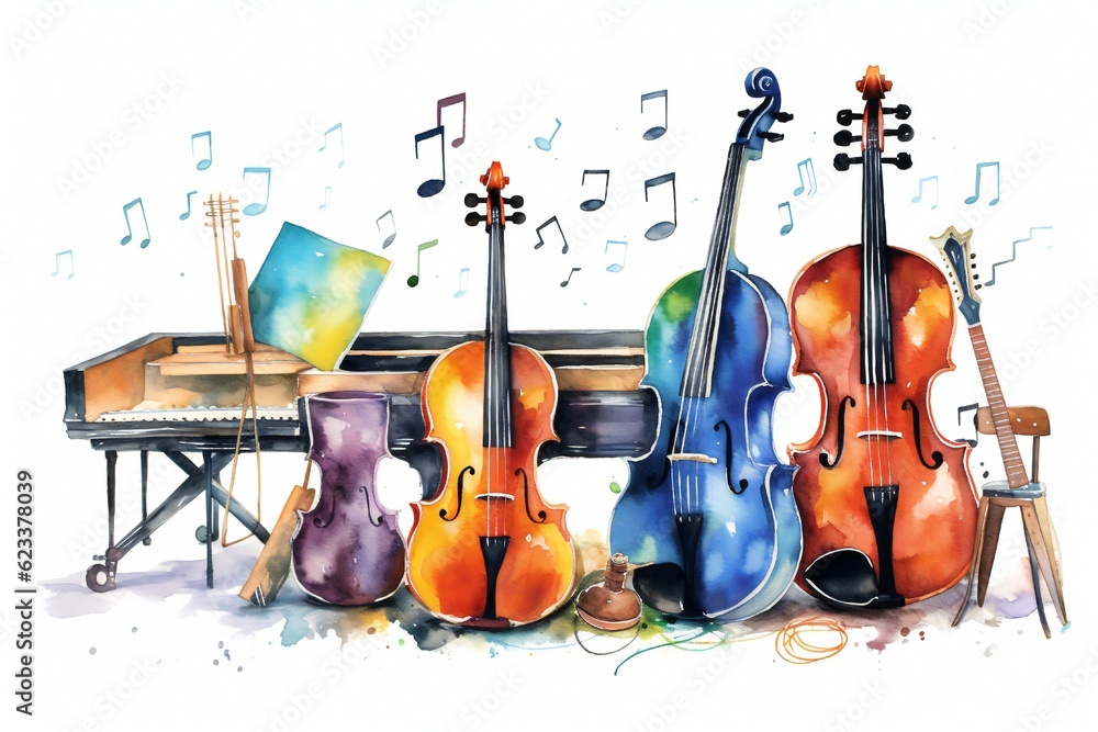 Watercolor music instruments clip art on white background Generative AI ...