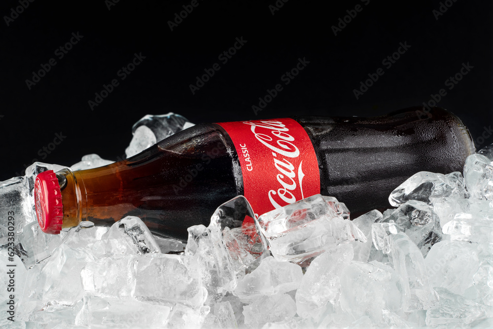 Batumi, Georgia - July 10, 2023: Glass bottle of Coca Cola on ice. Coca ...