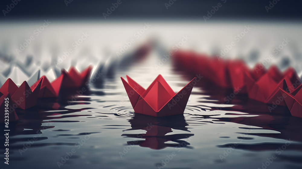 Red paper boat sails ahead of white paper boats which is a symbol of ...