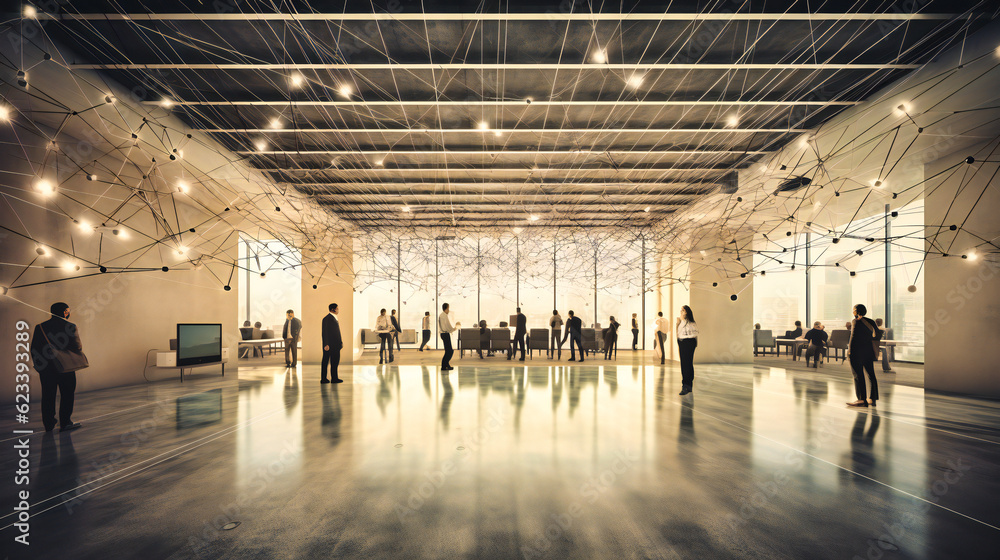 Network concept large company office space with people connecting with ...