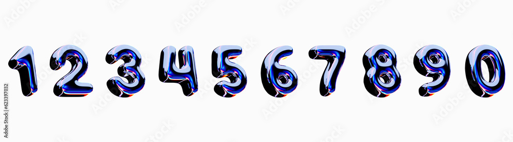 3D Chrome holographic effects numbers from 0 to 9. Set volume number ...