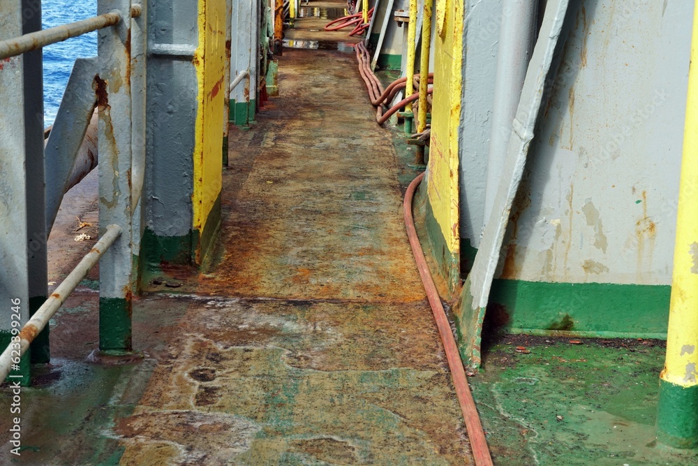 Rusty main deck without maintenance of container vessel on the ...