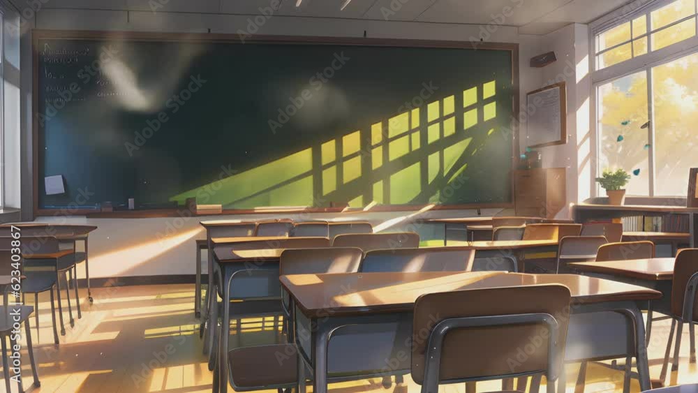 empty classroom with neat desks and chairs. Cartoon or anime watercolor ...