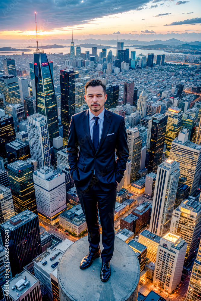 Manager CEO CFO President Stands on the Roof of a Skyscraper Symbolic ...