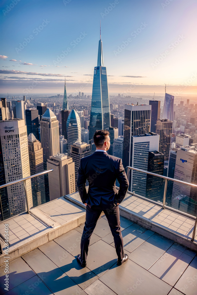 Manager CEO CFO President Stands on the Roof of a Skyscraper Symbolic ...