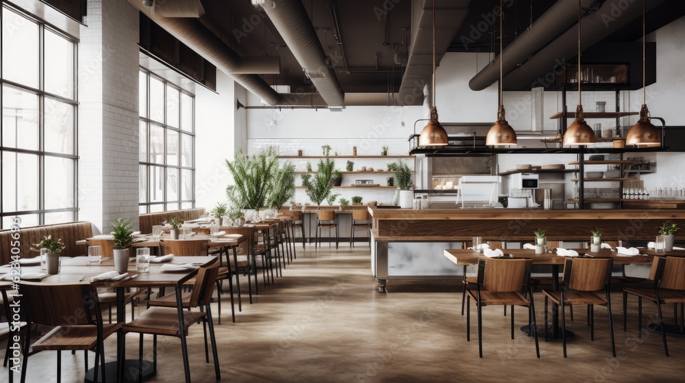 Clean and minimalist restaurant with an open kitchen, communal tables ...