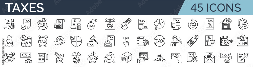Set of 45 outline icons related to taxes, taxation. Linear icon ...