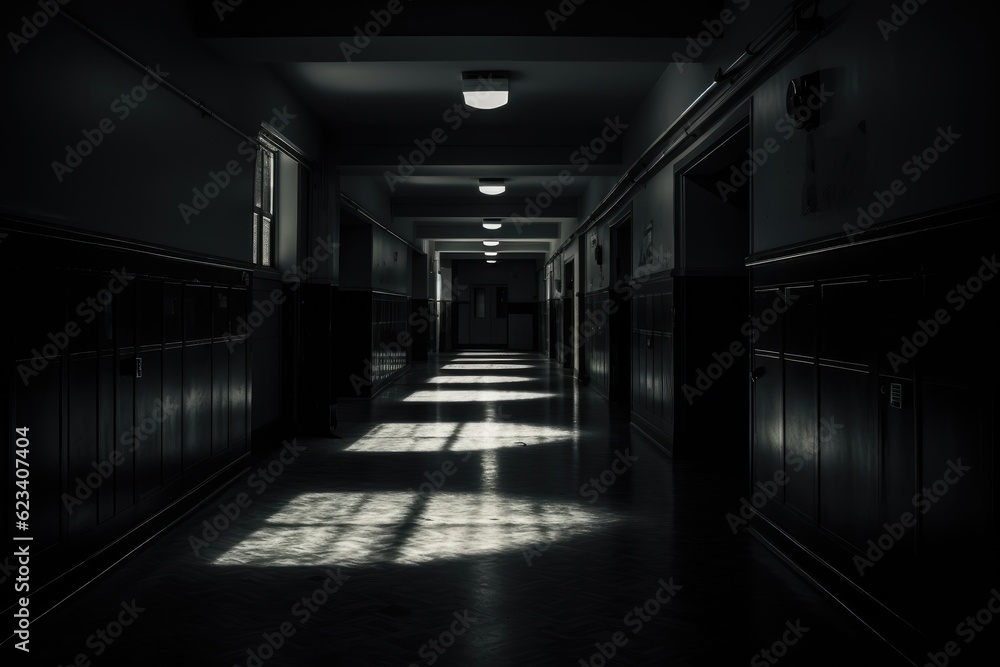 b&w empty dark school corridor with sunlight coming through the windows, Generative AI Stock ...