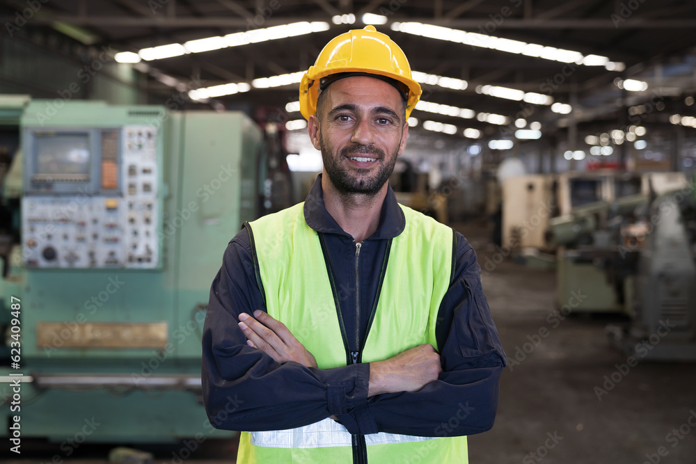 Portrait of male engineer worker working and standing with crossed arms ...
