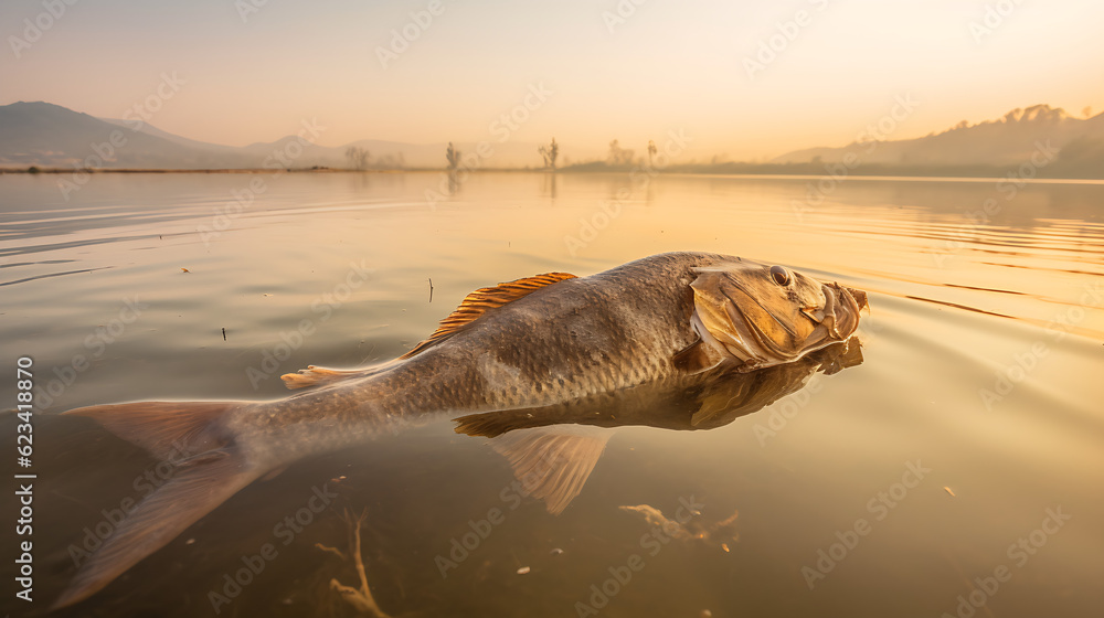 Bloated, dead, poisoned fish lies on the river bank, sunset pink ...