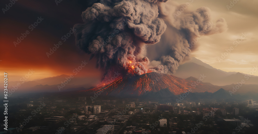 Erupting volcano spewing pyroclasts in the sky, city in danger, town ...