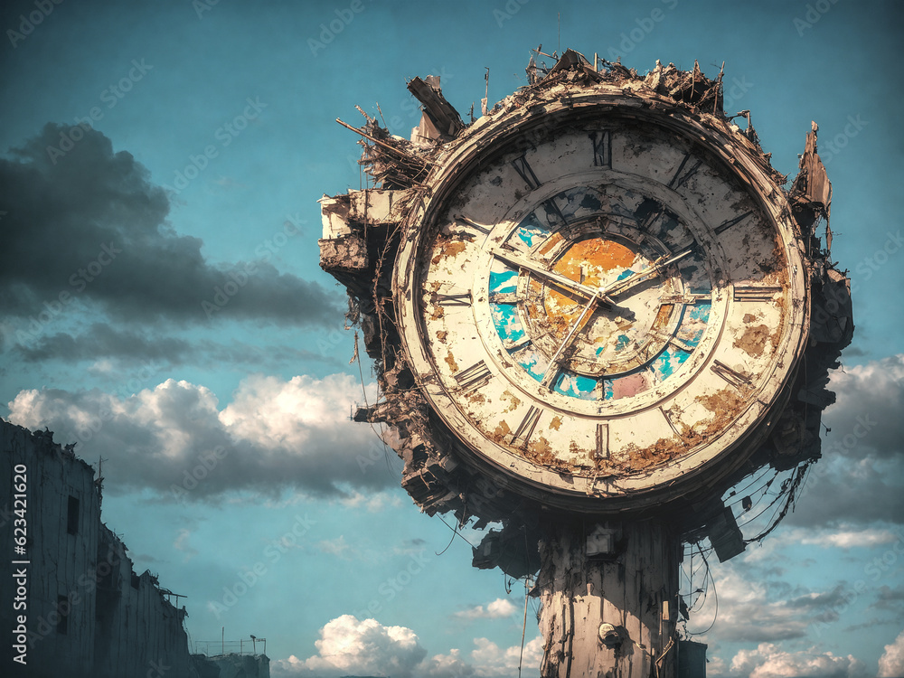 Old clock in ruins. Abandoned and in disrepair. Concepts of decay, ruin ...