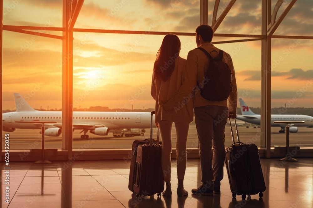 Traveling couple with luggage standing together in the airport and ...
