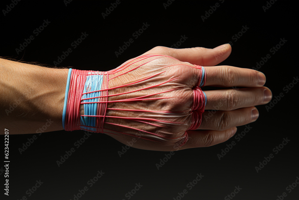 An overhead view of a hand with kinesiology tape wrapped around the ...