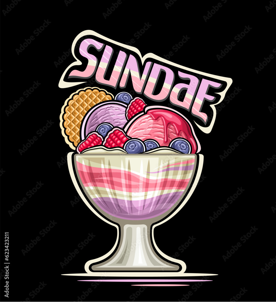 Vector logo for Sundae, decorative placard with outline illustration of ...