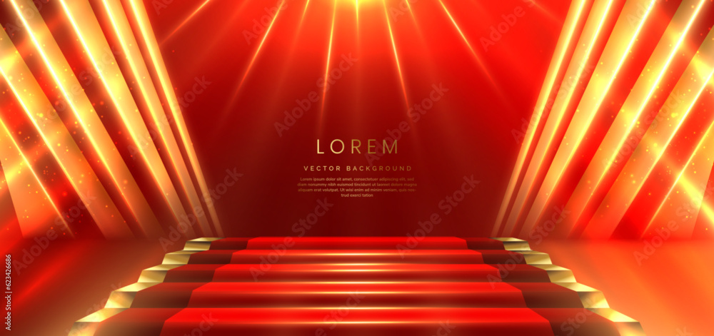 Elegant red stage with gold diagonal glowing lighting effect and ...
