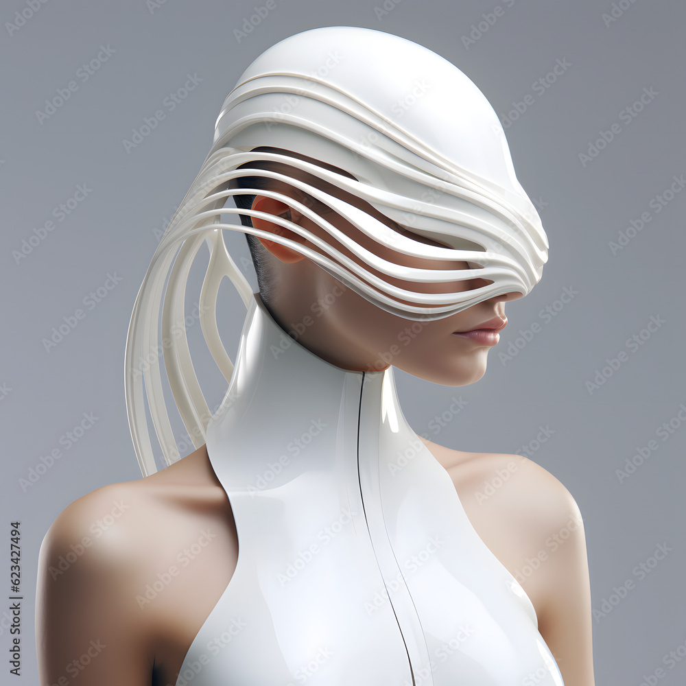 Woman wearing a smart head piece and vr glasses looking futuristic in ...