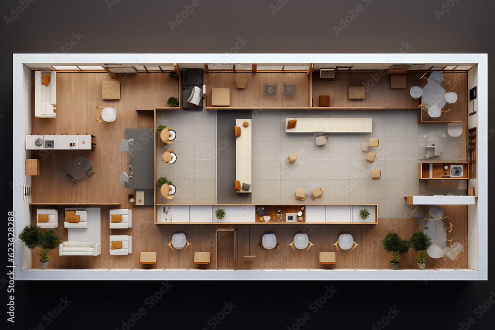 Top view of a visualization of the interior of an office space. 3d ...