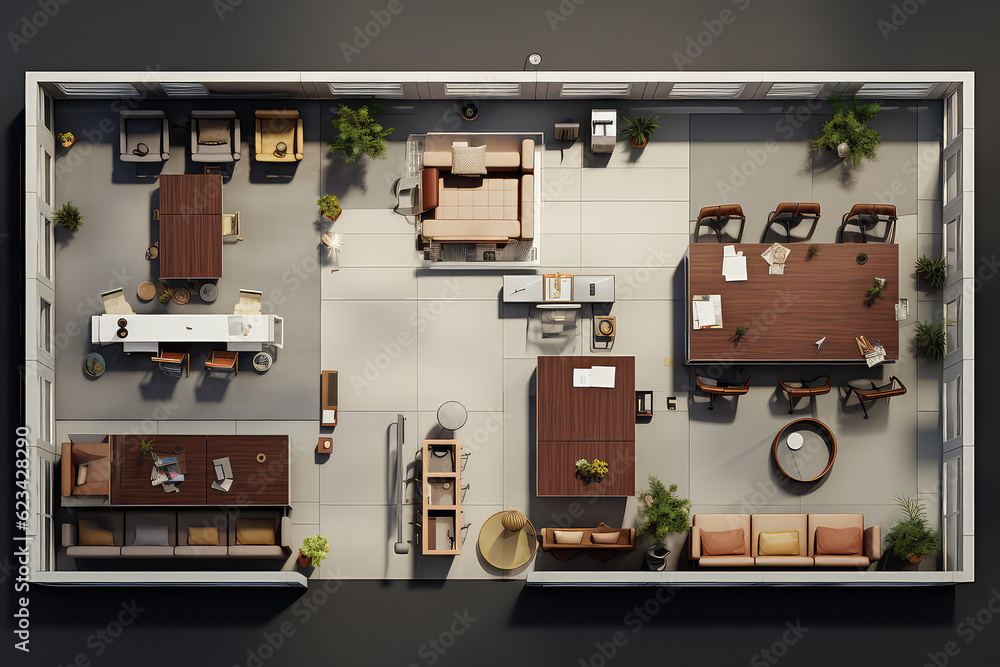 Top view of a visualization of the interior of an office space. 3d ...