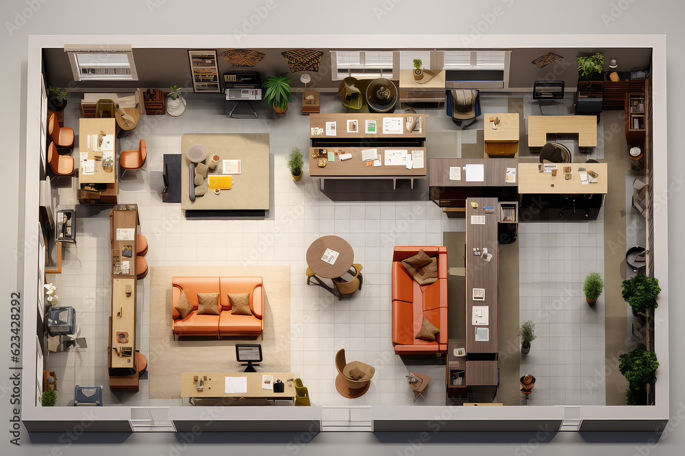 Top view of a visualization of the interior of an office space. 3d ...