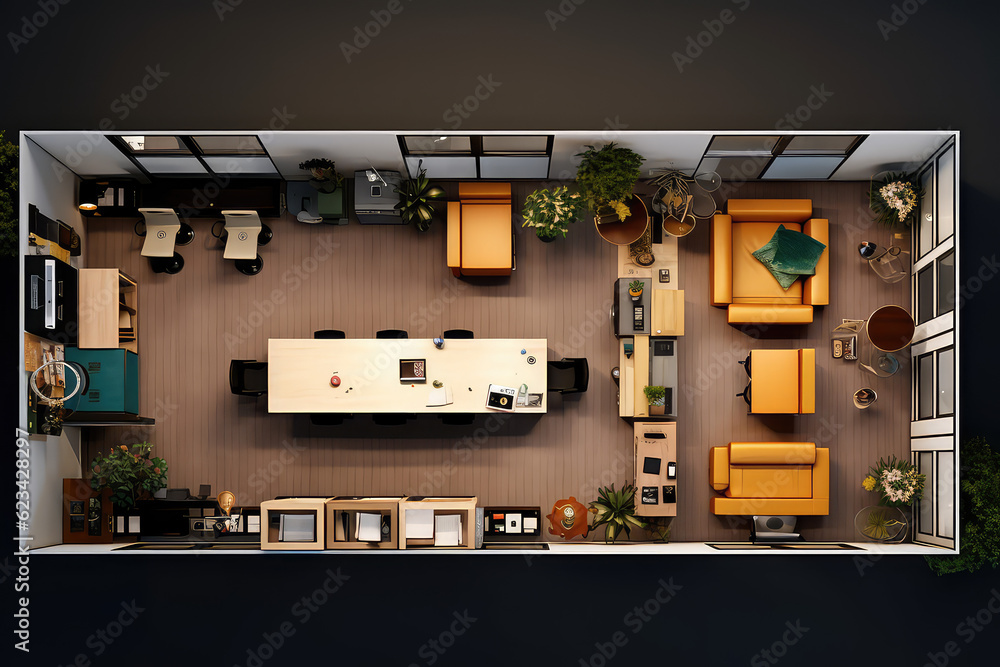 Top view of a visualization of the interior of an office space. 3d ...