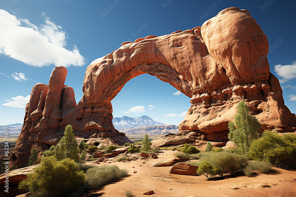 A desert arch or natural rock formation, sculpted by the forces of ...