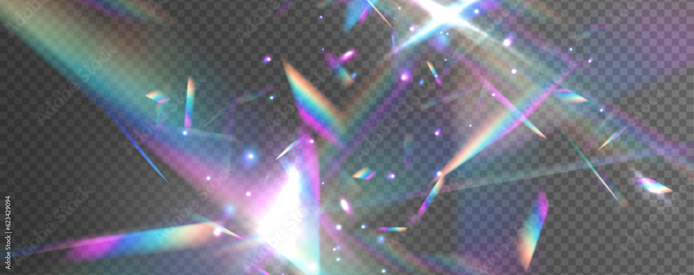 Crystal Rainbow Light Effects. Overlay for backgrounds.Triangular prism concept. Light streak ...