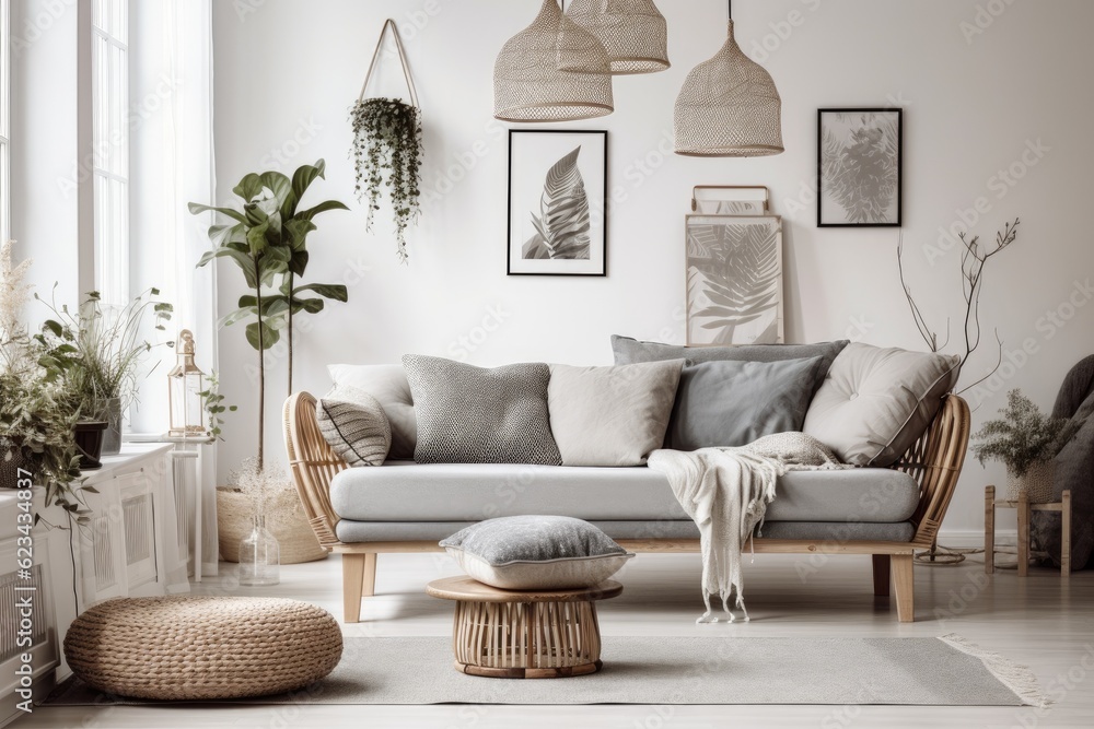 Scandinavian design, pleasant living room, modern interior. Gray sofa ...