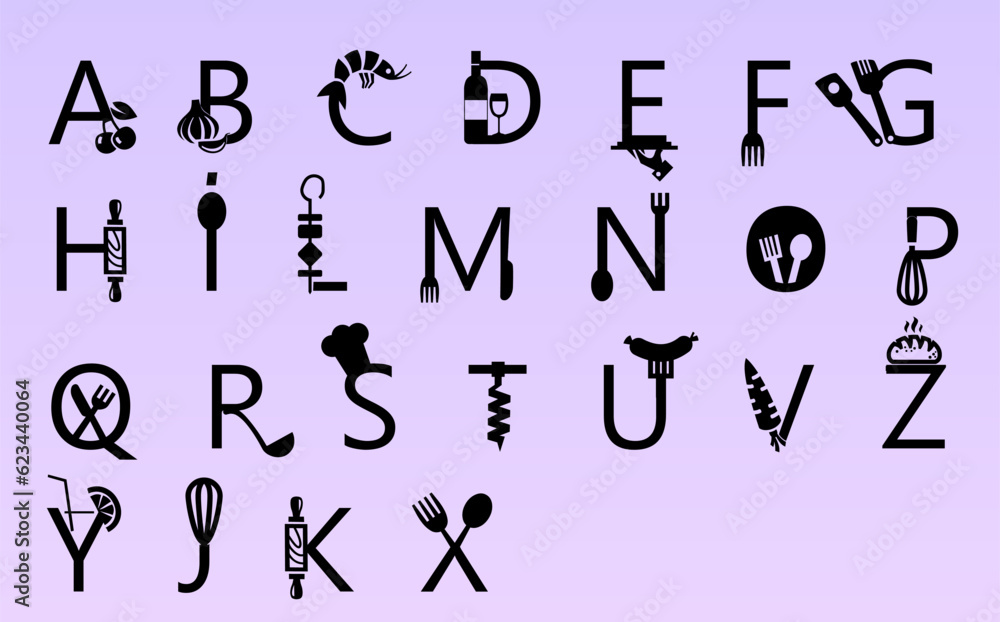 Cooking Alphabet. Culinary font, capital letters: tools, food and drink ...