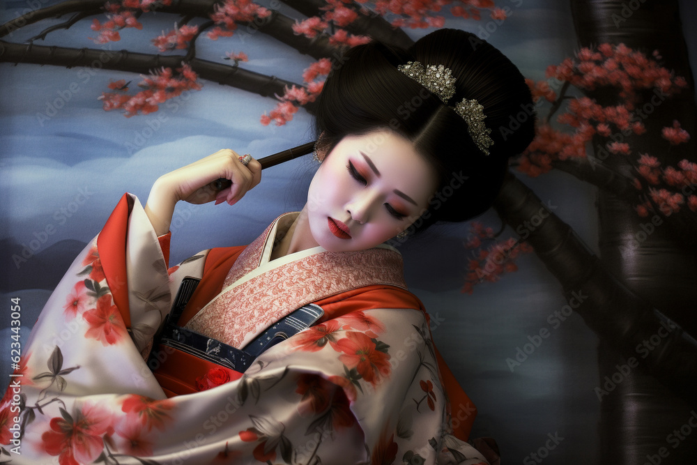 geisha in Japan with cherry tree and umbrella Stock Illustration ...