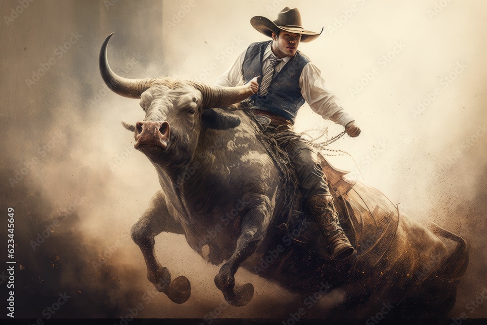 Bucking bull riding in the dusty arena of a country rodeo Stock ...