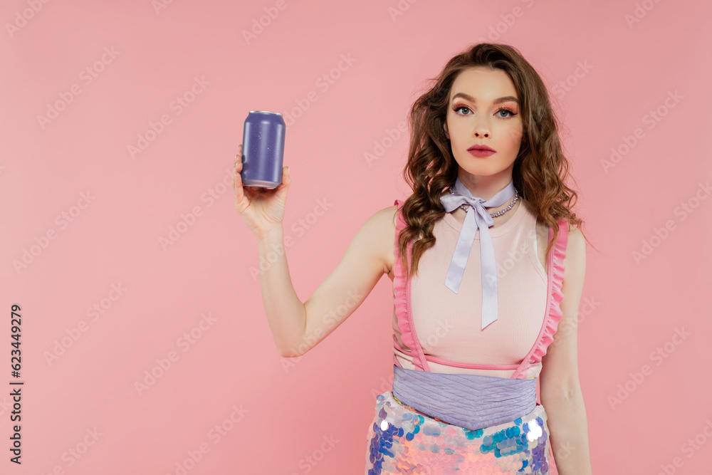 Doll Concept Attractive Young Woman With Wavy Hair Holding Soda Can With Carbonated Drink
