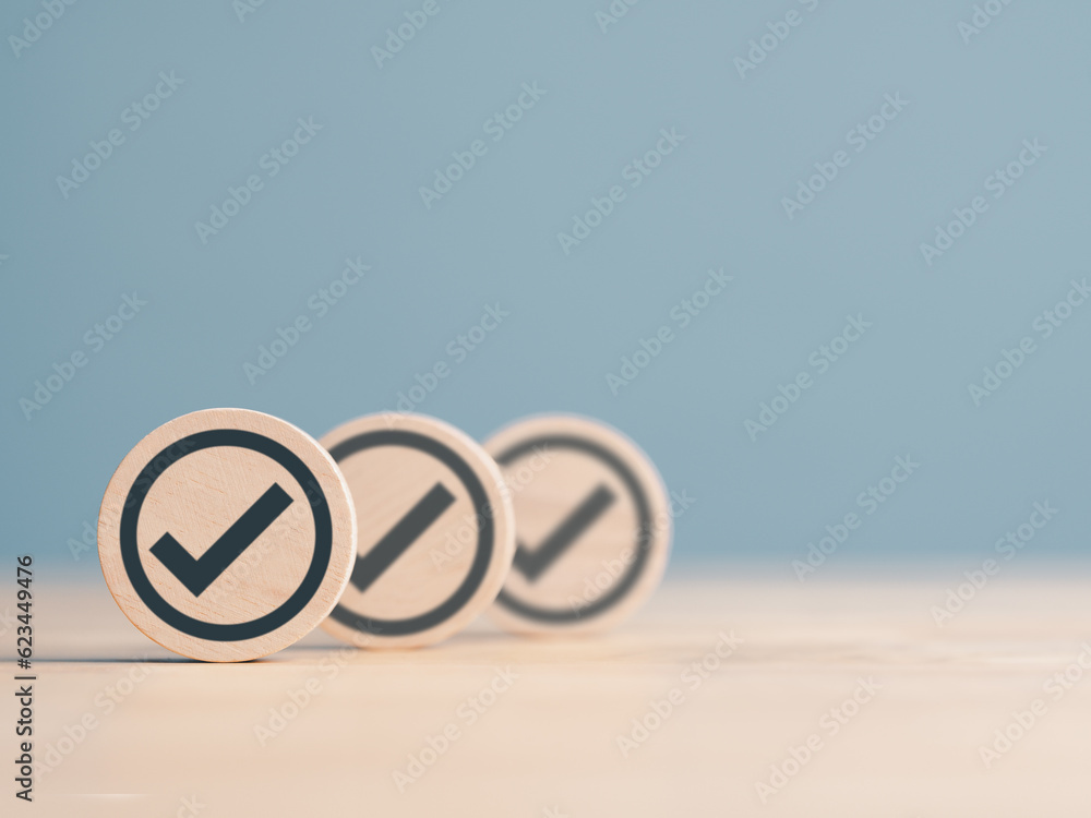 Checklist. Wooden label with tick mark icons for Task list, Survey, and ...