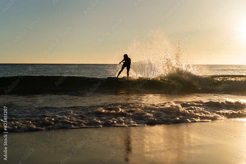 Figura silueta de chico haciendo surf en la orilla de la playa Stock ...