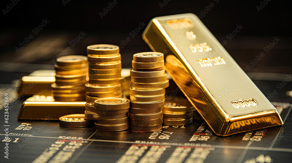 Gold trading, gold bars on fabric with stock graph chart stock market trade background, pile of ...