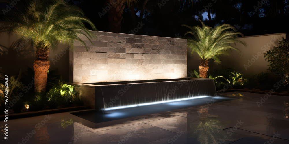 outdoor home modern water feature fountain waterfall as wide banner ...