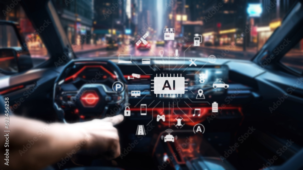 self-driving car with artificial intelligence in the future. autopilot ...