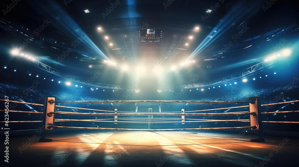 Empty wrestling boxing ring filled with spotlights, competition arena ...