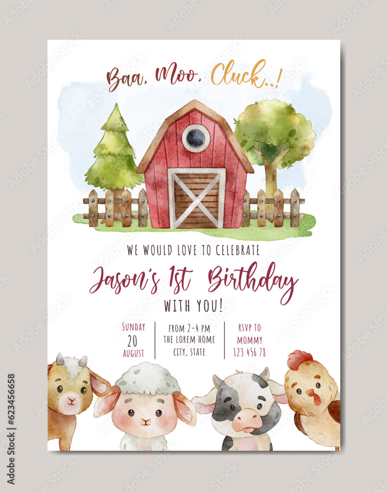 birthday invitation card with farmland theme watercolor background ...