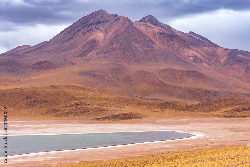 Altiplanic freezing lagoon and volcanic mountain in Atacama desert ...