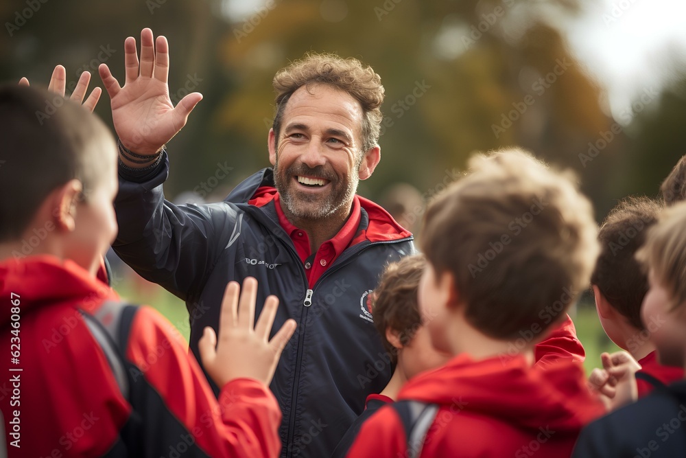 Rugby coach doing a high five with his elementary school team ...