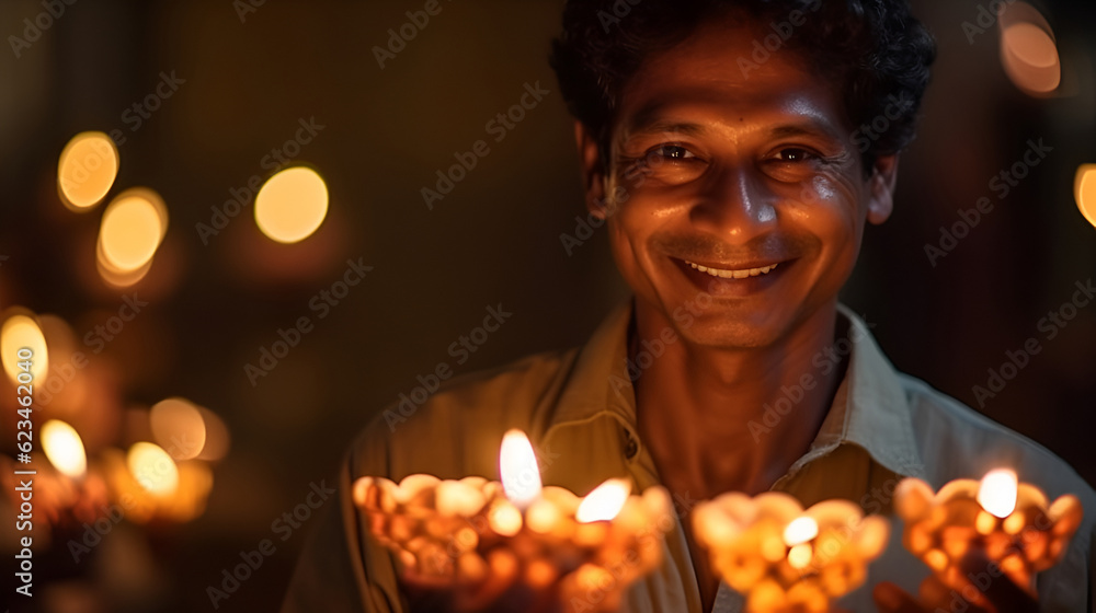 Happy Diwali. Indian man holding burning candles Diwali and looking at ...