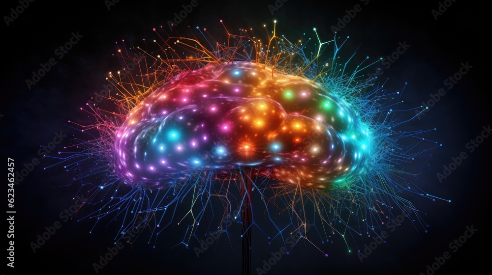 Human brain with multicolored twists close-up on black background ...