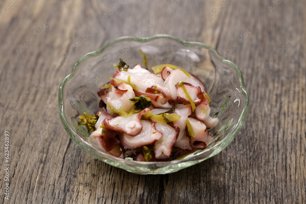 homemade Tacowasa (marinated octopus and wasabi leaves and stems ...