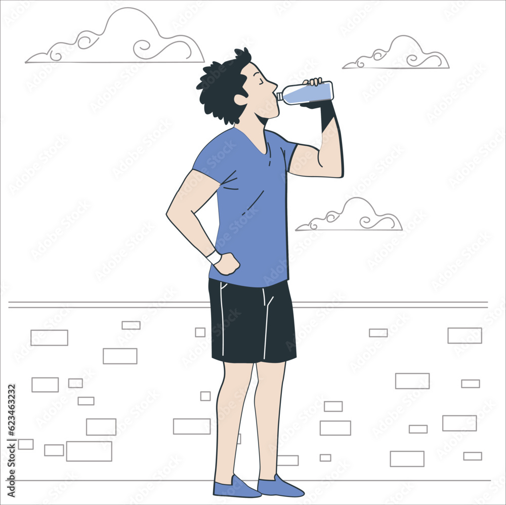 Young man drinking water from bottle with water drop scale of hydration ...