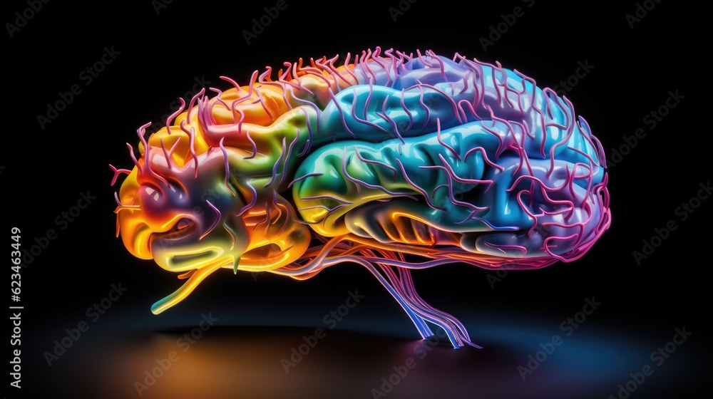 Human brain with multicolored twists close-up on black background ...