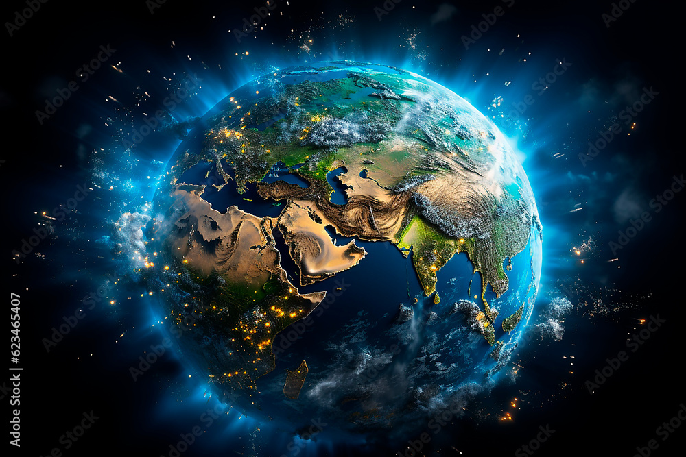 Ocean and rivers visible from space, blue globe, black background ...