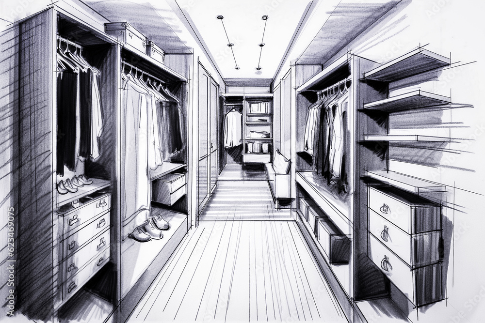 Dessin d'architecte d'intérieur, dressing, rangement des vêtement ...