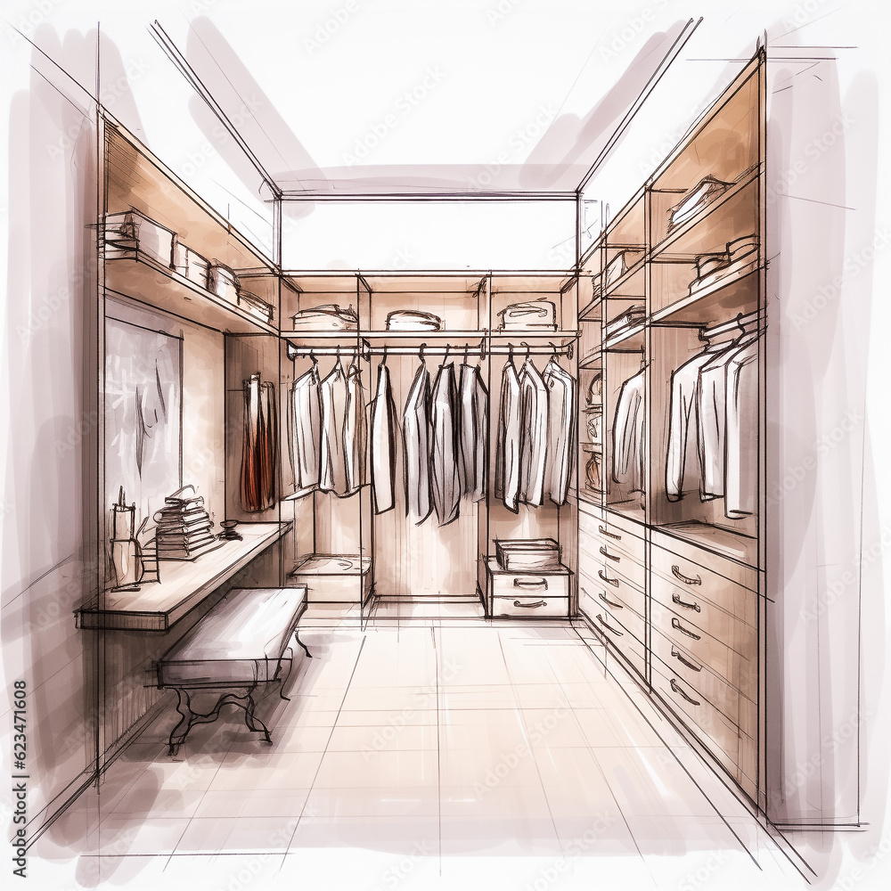 Dessin d'architecte d'intérieur, dressing, rangement des vêtement ...