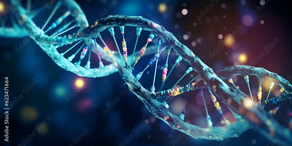 Foto de Blue DNA strand molecular structure model, DNA strands background. Double helix ...